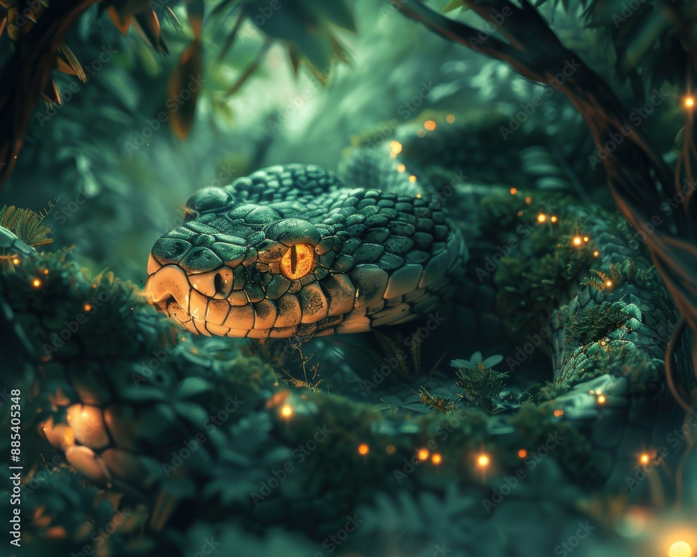 Enchanted Forest Serpent: Hypnotic Snake Slithering Among Human-Faced ...