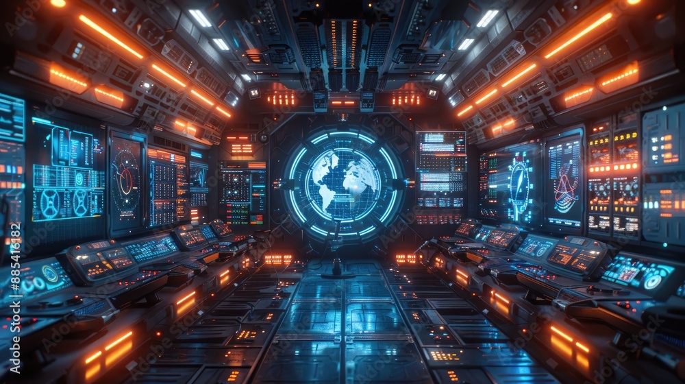 Futuristic spaceship control room with advanced technology, illuminated ...