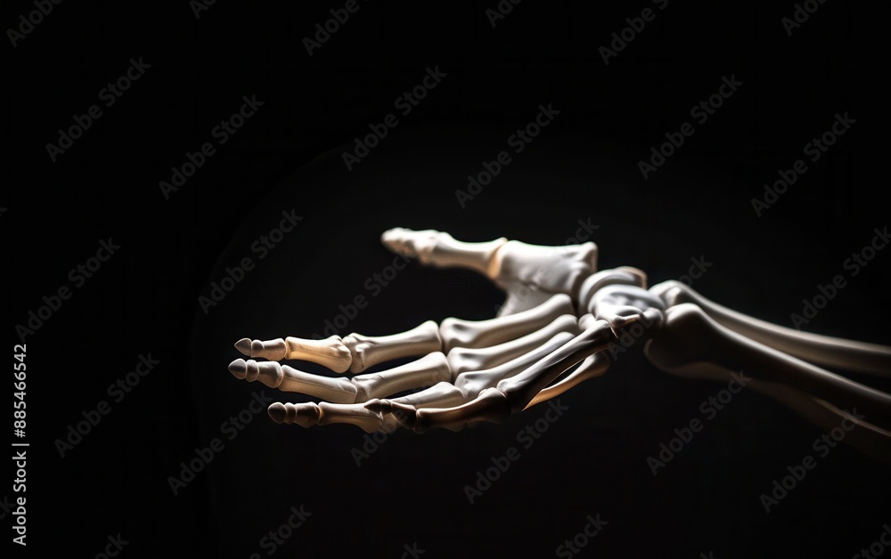 Skeleton hand reaching out, dramatic lighting, low angle, black ...