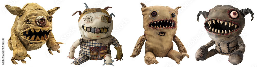 Set collection of scary patchwork funny rag monster doll puppet on ...