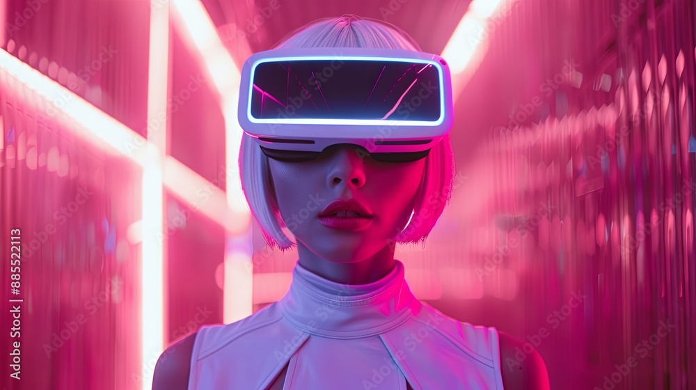 Young girl model with short white hairs wearing a VR visor viewer ...