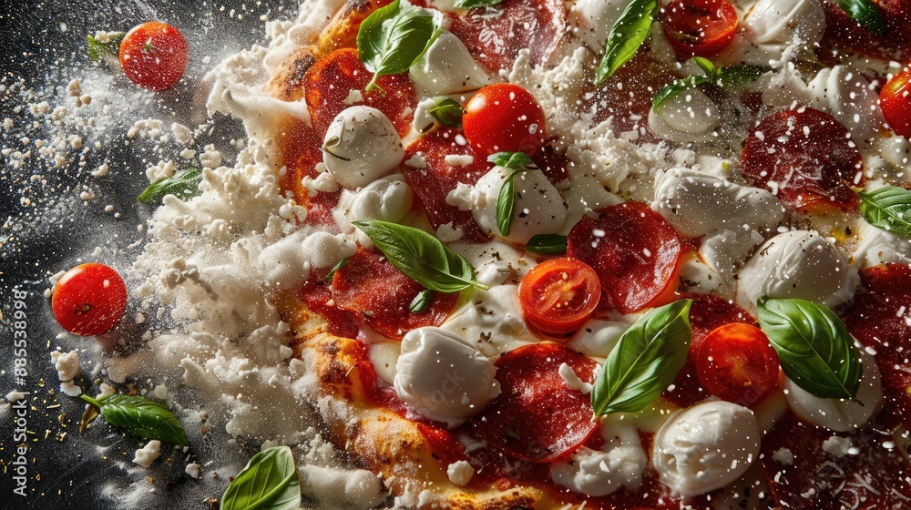 Explosion of a pepperoni pizza with its ingredients floating in the air ...