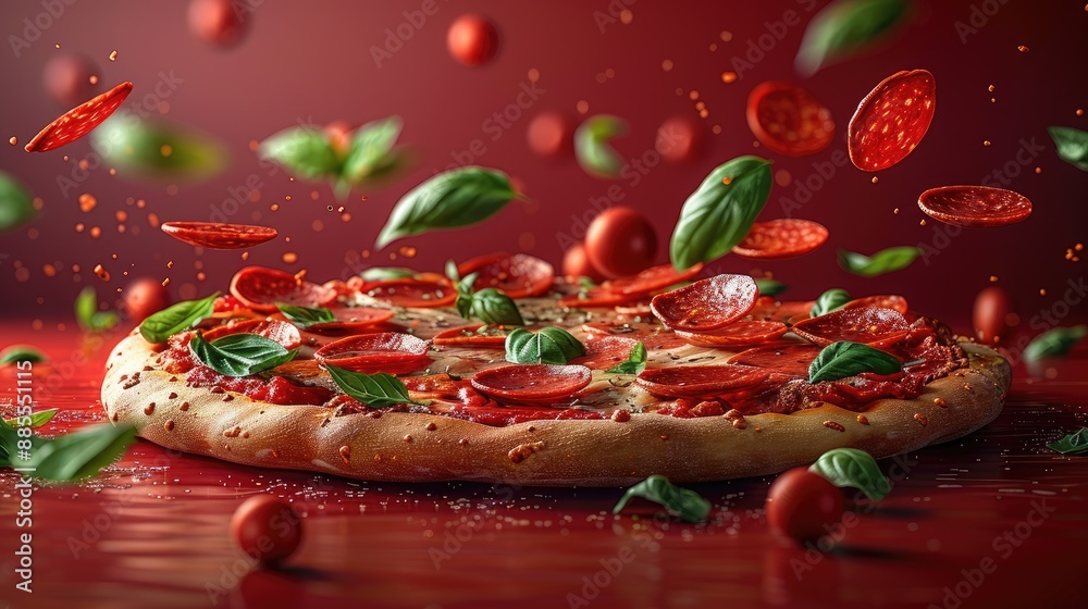 Explosion of a pepperoni pizza with its ingredients floating in the air ...