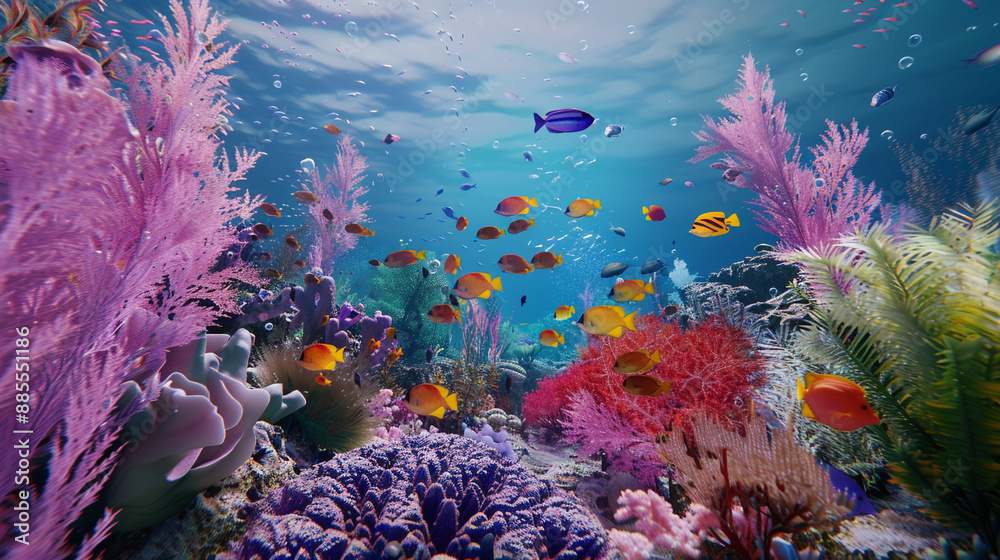 Captured from various angles, a bustling coral reef ecosystem teems ...