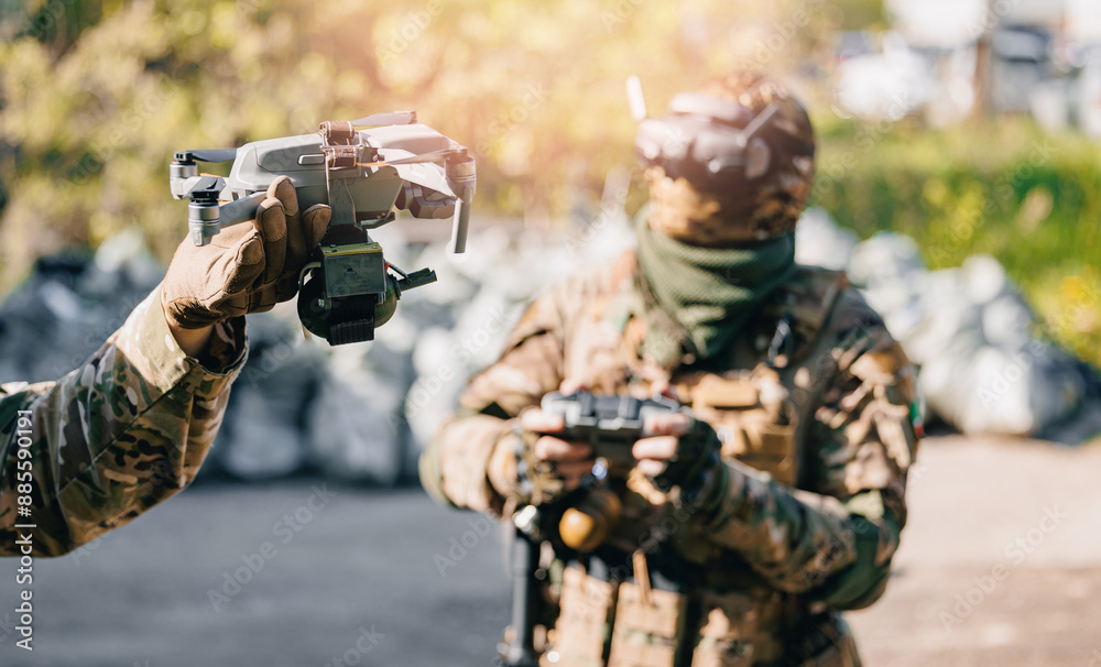 Modern army soldiers using glasses fpv for aerial drone for artillery ...