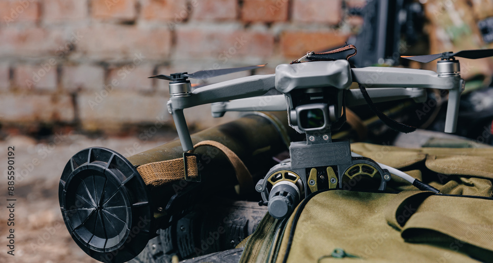 Military drone with bomb for attack to positions enemy. Concept ...