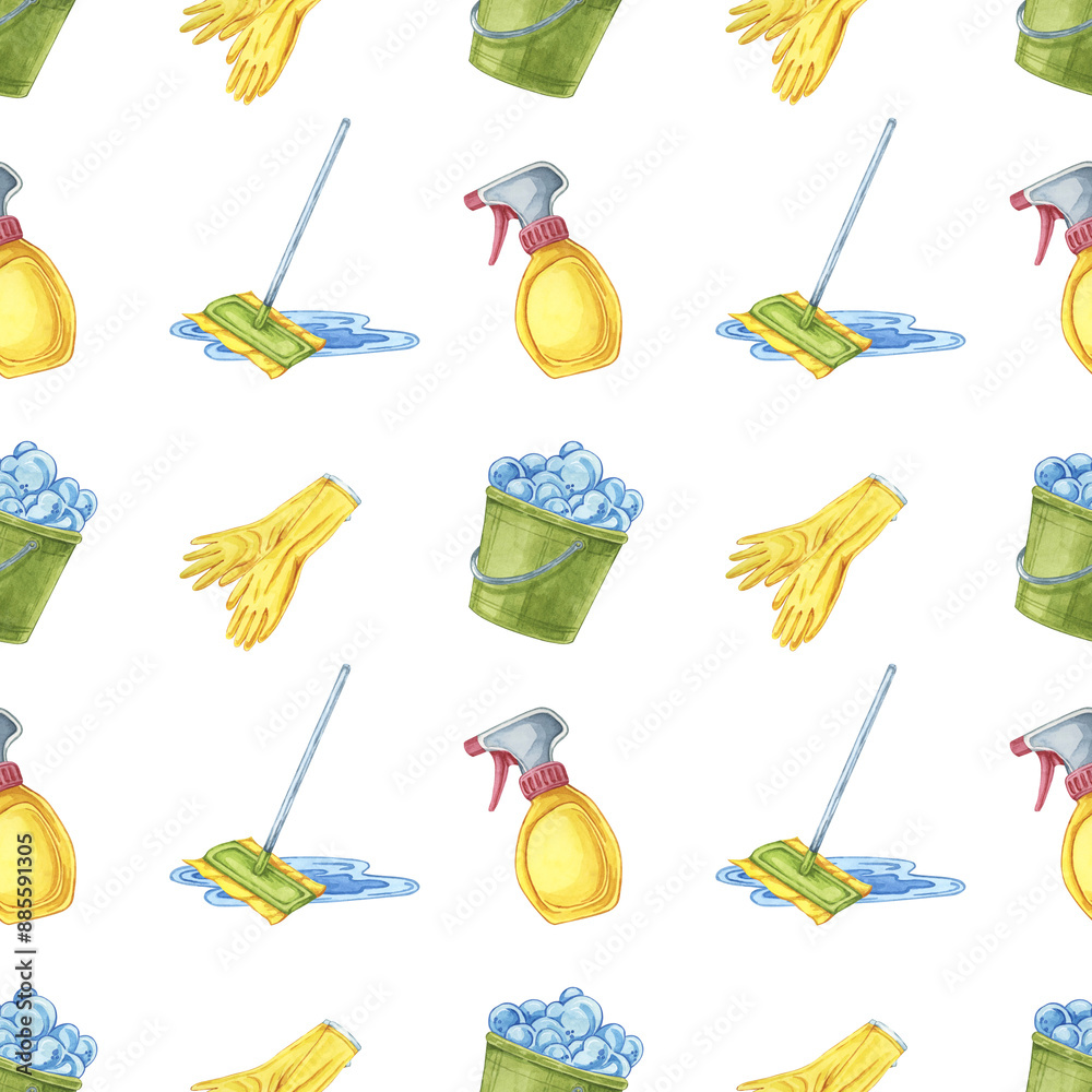 Seamless pattern with buckets, gloves, and spray bottles in watercolor ...