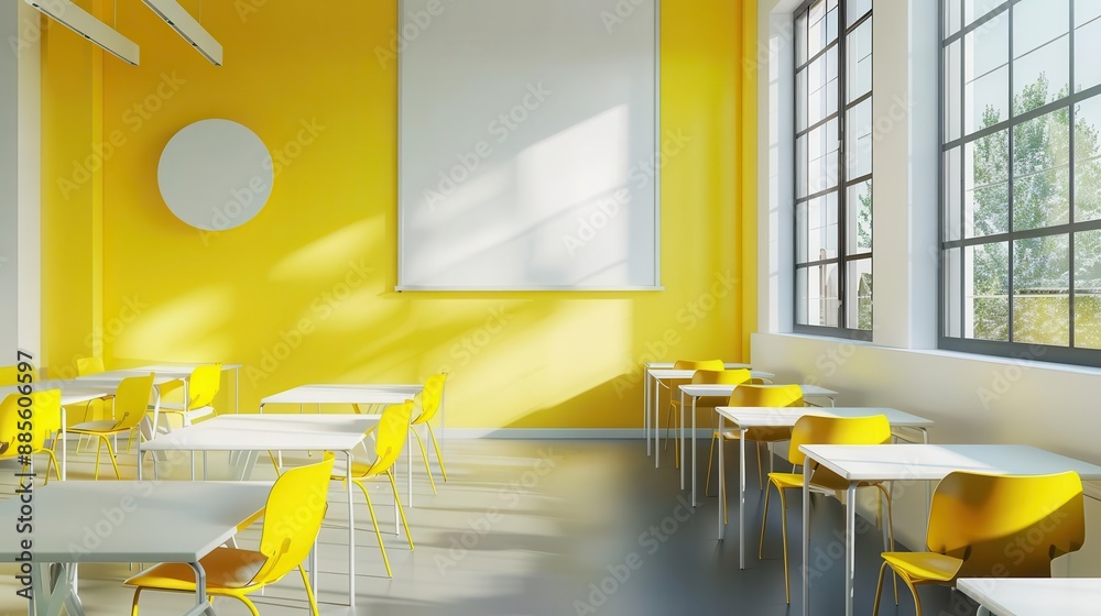 striking minimalist classroom featuring vibrant yellow accent chair ...