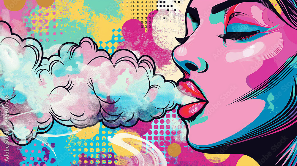 Pop art concept woman blowing smoke from her mouth. Grainy effect and ...