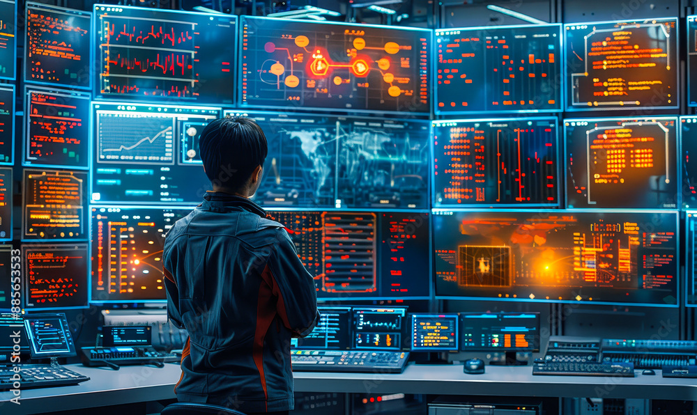 Technical Operator In System Control Room Monitoring Multiple Displays