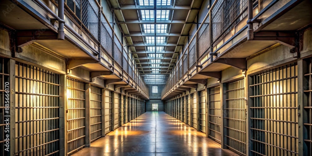 Prison Cell Block Corridor, Wide Angle Perspective, Row of Metal Cell ...