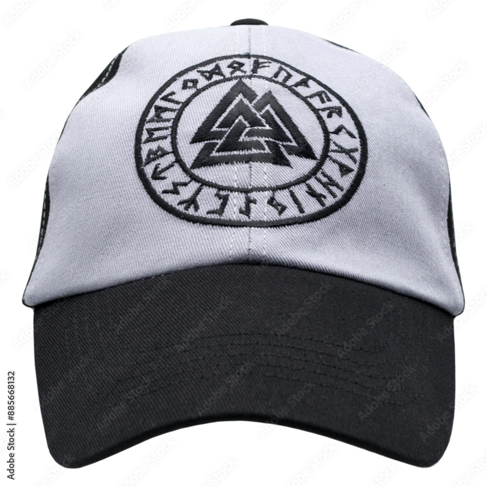 Gray black cap with Valknut in a runic circle. Runic symbols, not text ...