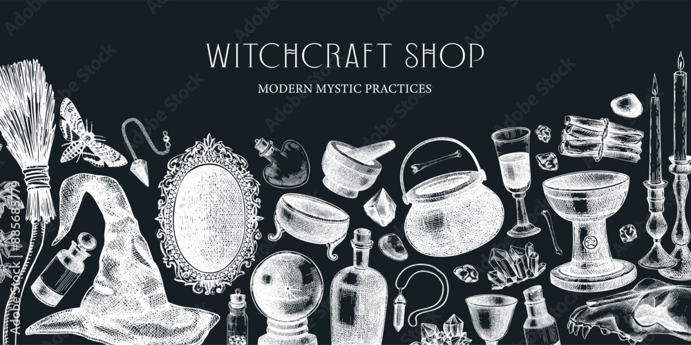 Bohemian-style witchcraft banner. Vinatge Halloween sketches. Hand-drawn vector illustration ...