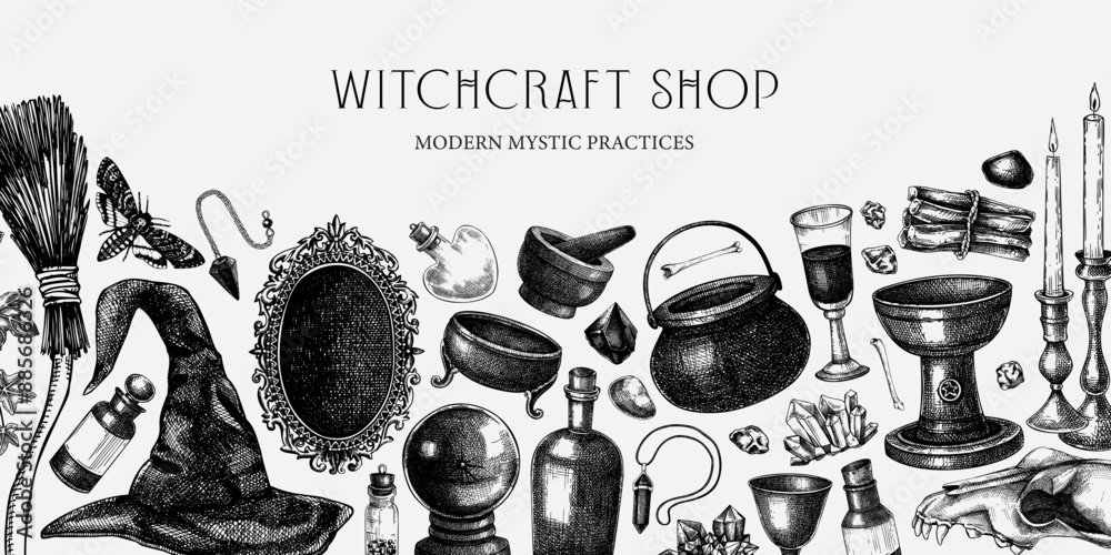 Bohemian-style witchcraft banner. Vinatge Halloween sketches. Hand-drawn vector illustration ...