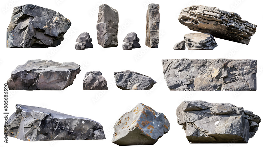 Collection set of long flat big hard rock boulder stone podium stage ...