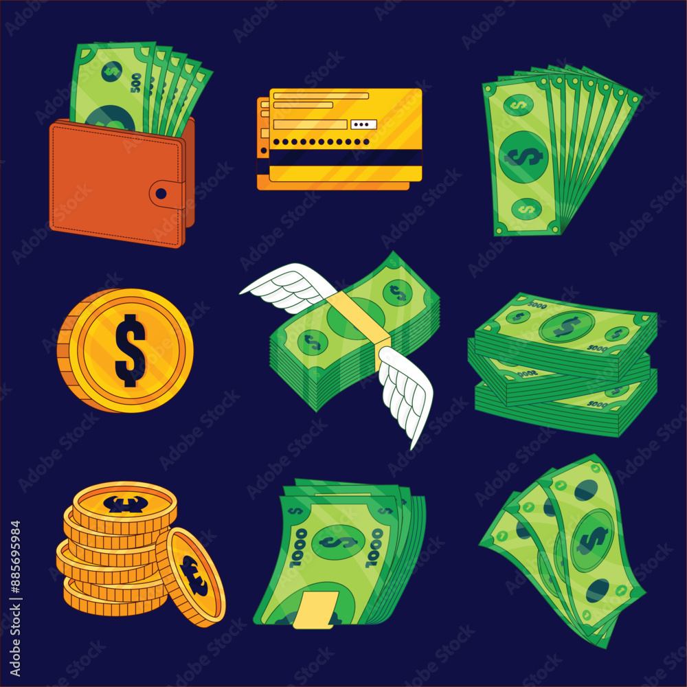 Money cash dollar pile, stack cartoon set. Hundreds paper stack dollars ...