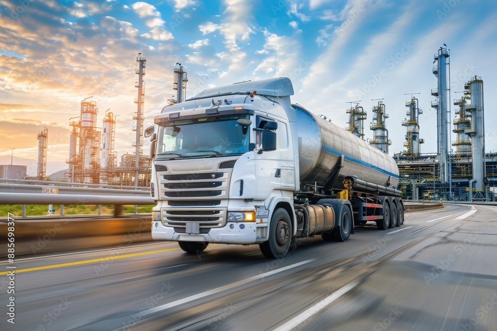 An oil tanker truck carrying crude oil drives towards a refinery at ...