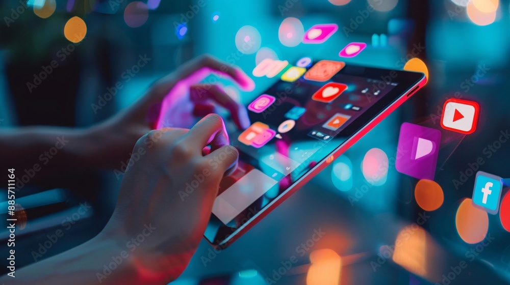 Using a tablet computer, an advertising manager reviews a social media ...