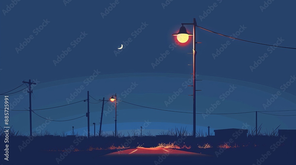 Electric streetlight bulb poles illuminated in the night showing a ...