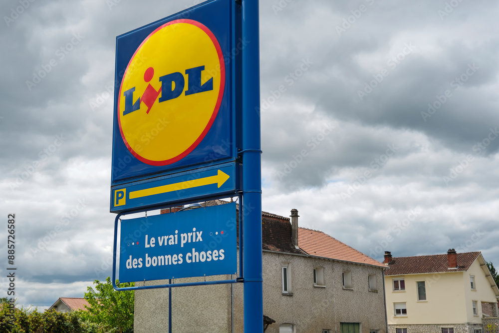 Lidl shop signboard with brand logo sign in Southern France. Lidl is a ...