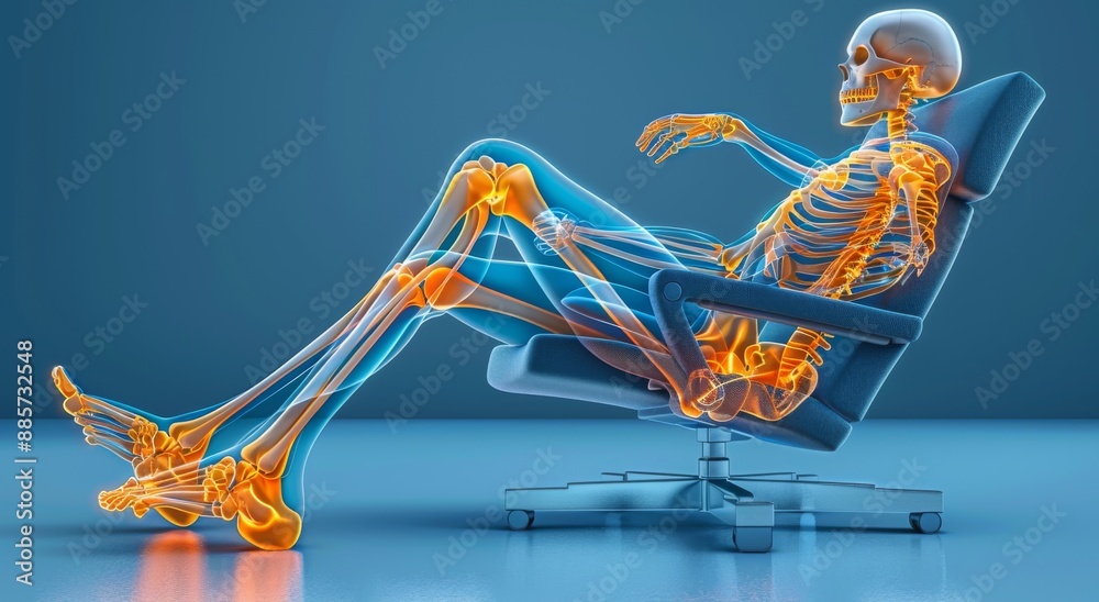 Medical illustration of human skeleton sitting on a chair ...