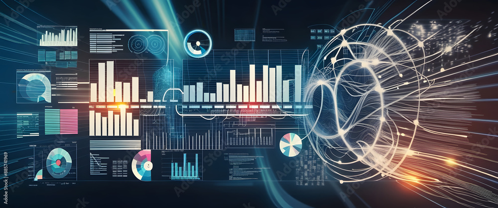 Image depicting data processing by algorithms with charts, information flows, and complex ...