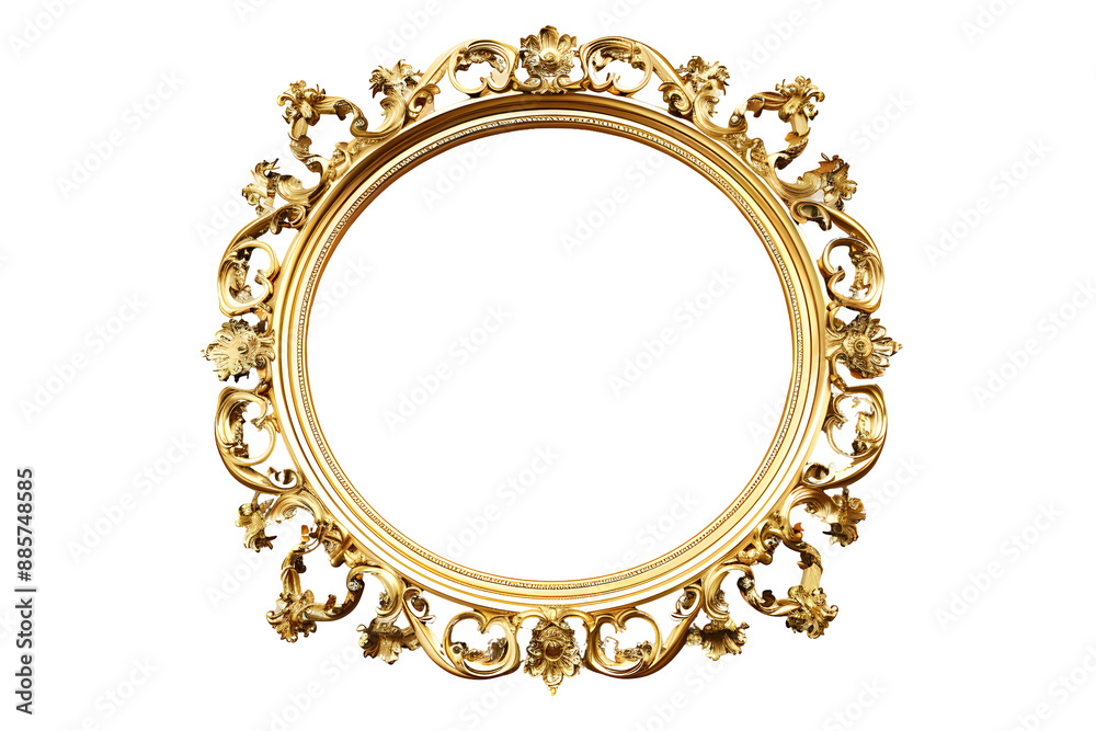 Antique baroque gold wooden round picture frame isolated on transparent ...