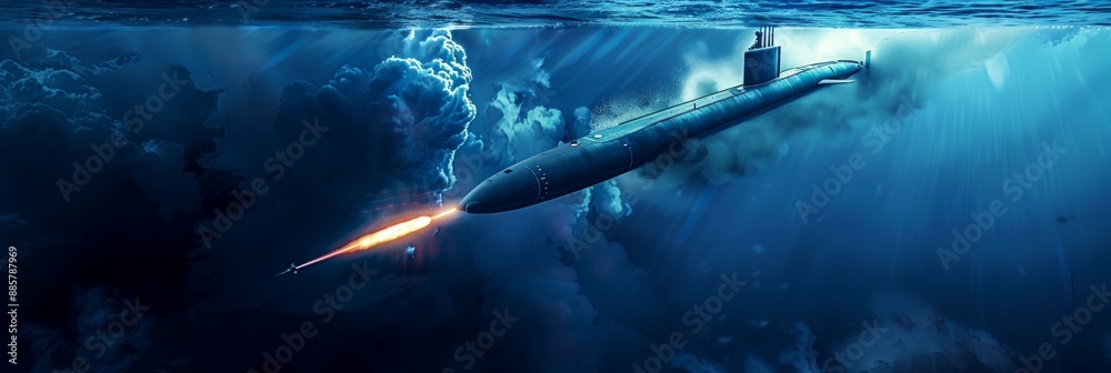 Military nuclear submarine launches torpedo missile underwater, wide ...