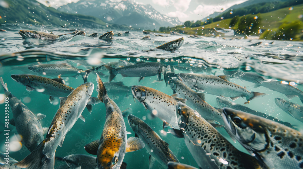 Underwater shot of a school of salmon swimming in a clear river ...