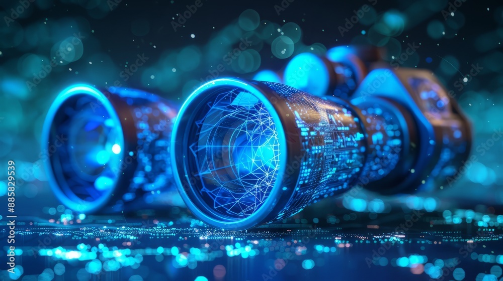 Digital blue binoculars with data streams, artificial intelligence in ...