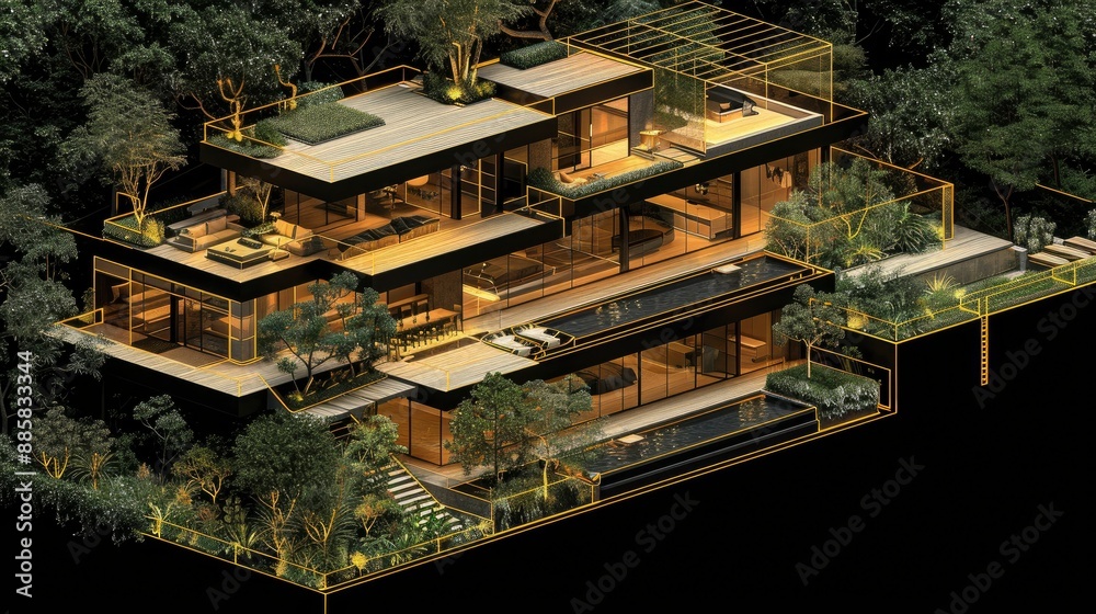 Isometric floor plan of a luxurious urban mansion, black background ...