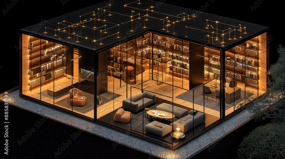 Isometric floor plan of a modern library, black background, ink blue ...