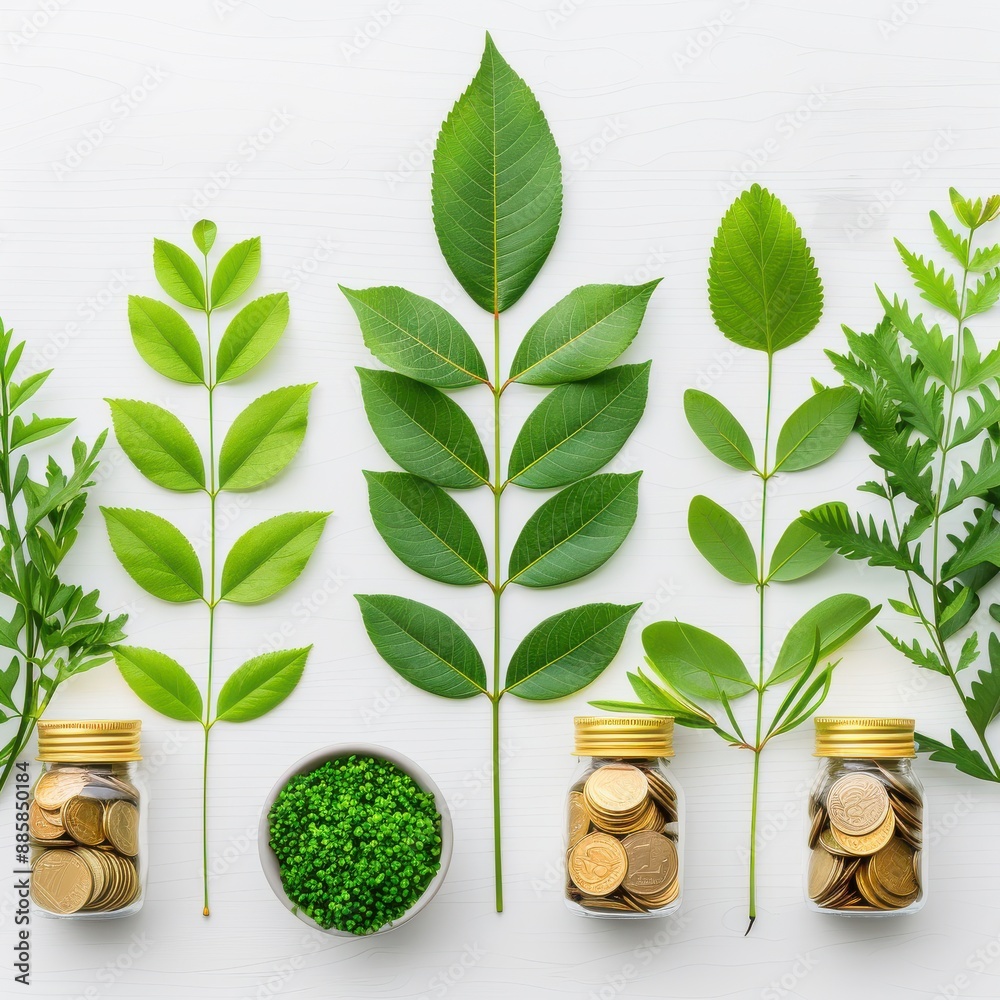 Eco-friendly business charts and graphs integrated with green leaves ...