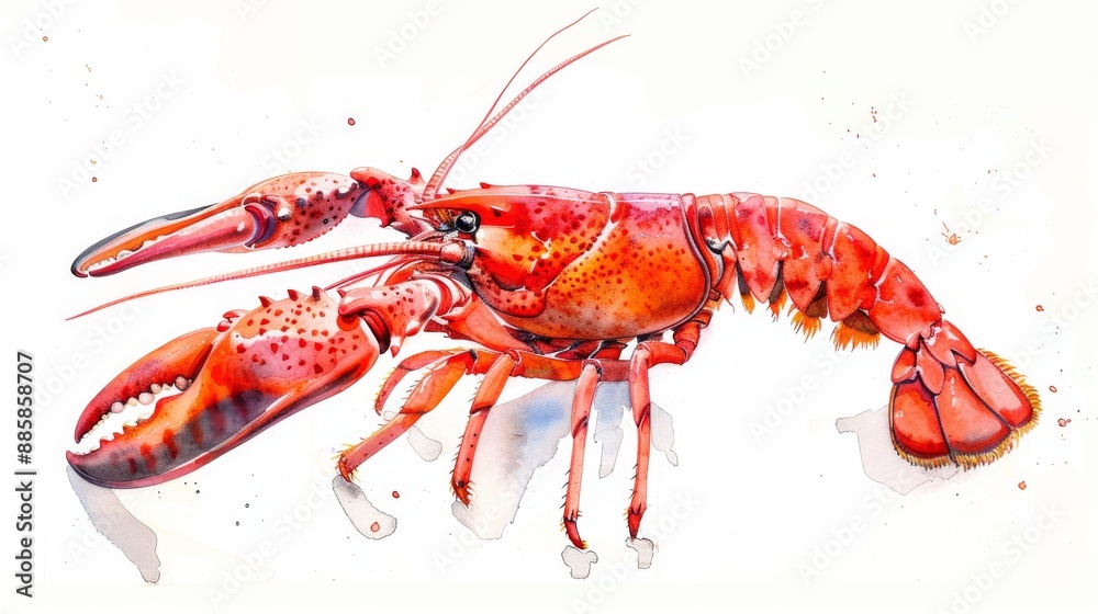 Watercolor illustration of a cheerful cartoon lobster, standing on a ...