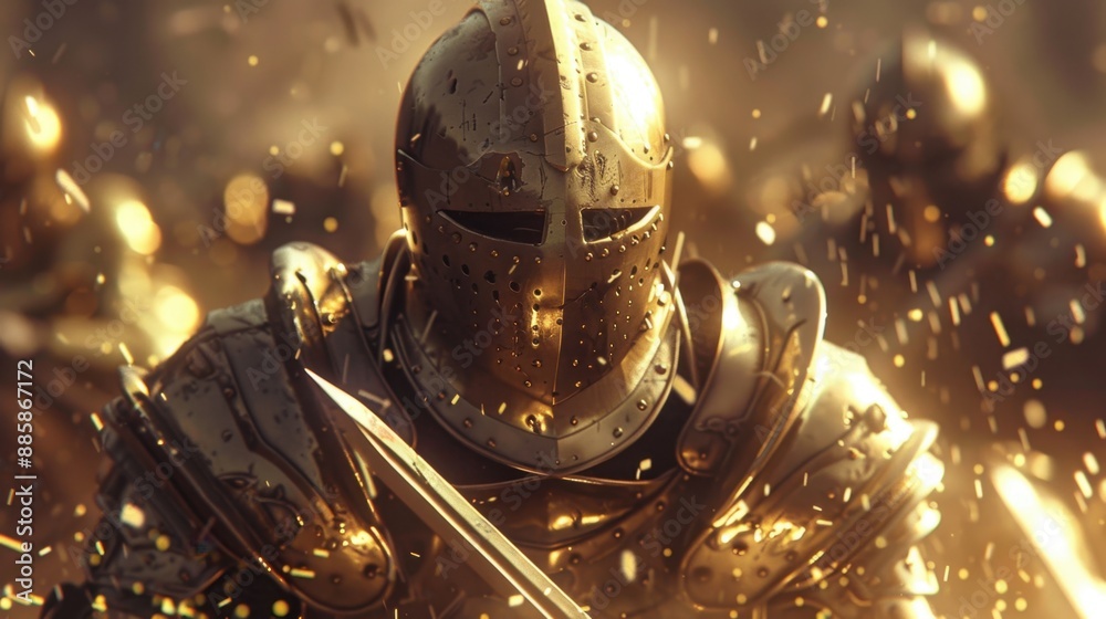 A dramatic scene of a medieval knight in shining armor leading a charge into battle, with sparks ...