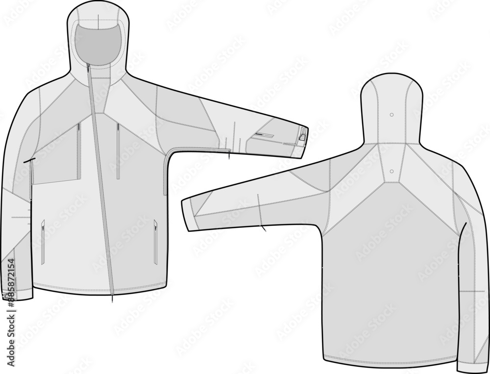 Hooded Hard Shell Ski Jacket Design Vector CAD Template fashion illustration front and back ...