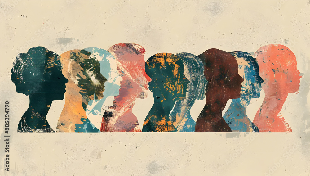 Abstract art of diverse human profiles, showcasing individuality and ...
