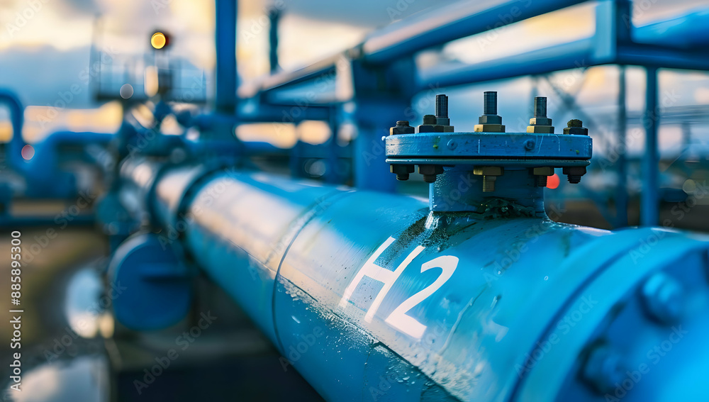 Close-up of a blue hydrogen pipeline marked 'H2' showcasing energy ...