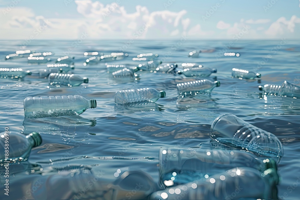 Plastic bottles float on ocean. This image depicts the environmental ...
