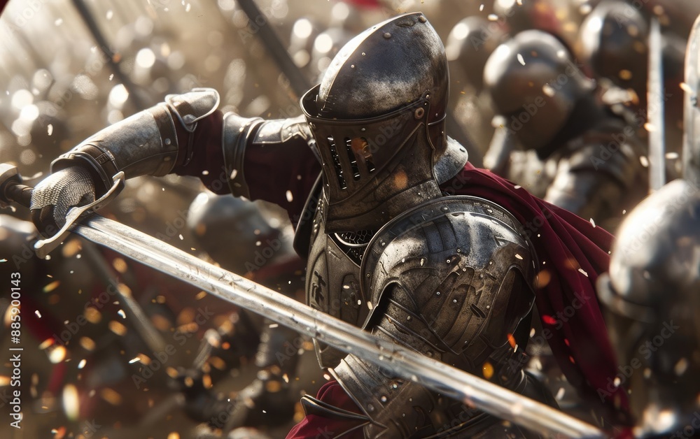 Medieval knights in full armor engaged in an epic battle scene, showcasing swords and shields ...