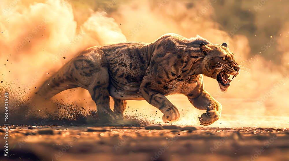 Powerful Smilodon Sabertooth Cat Running at Full Speed on Dusty Trail ...