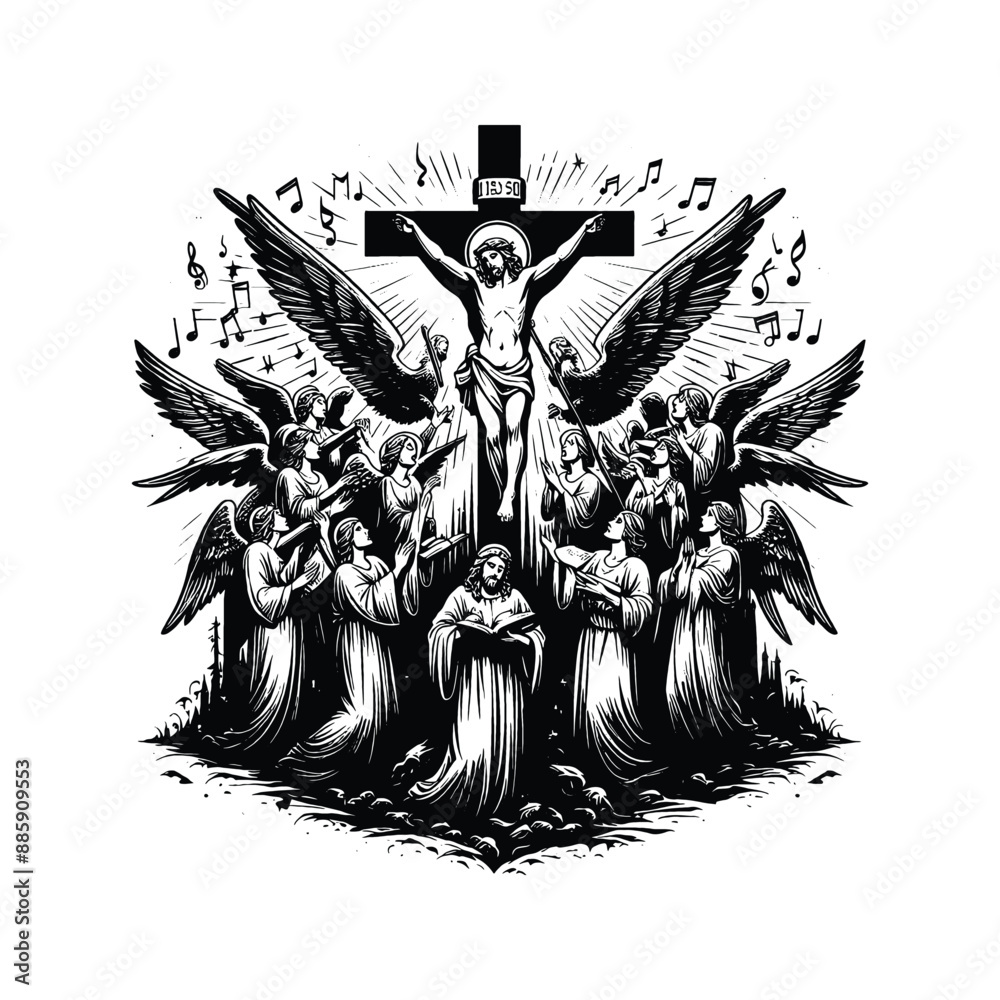 Angelic Choir at Calvary, Depict angels singing hymns of redemption as ...