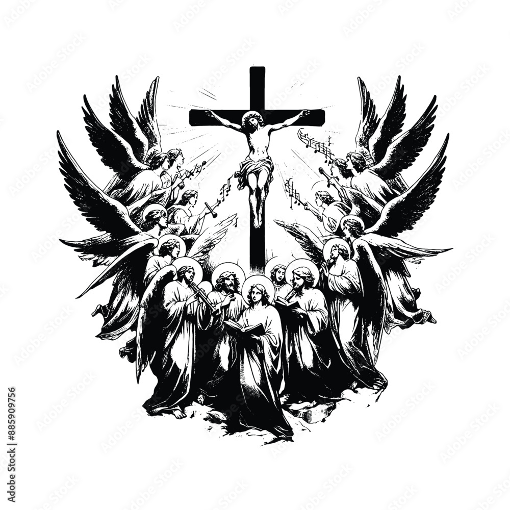 Angelic Choir at Calvary, Depict angels singing hymns of redemption as ...
