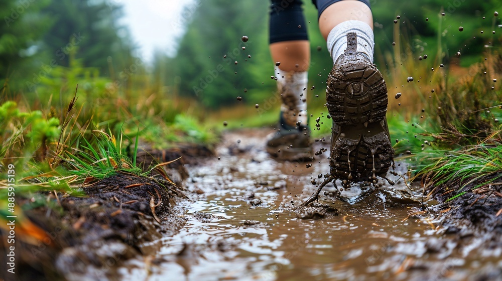 Person trudging through a muddy trail their clothes and shoes covered ...