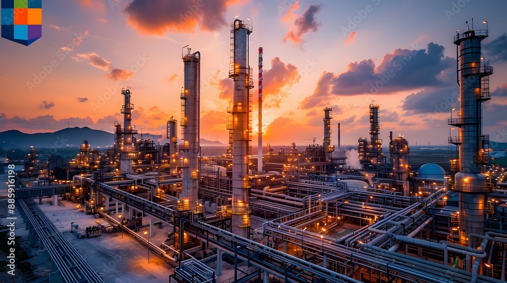 Industrial oil and gas power plant with refinery and storage tanks ...