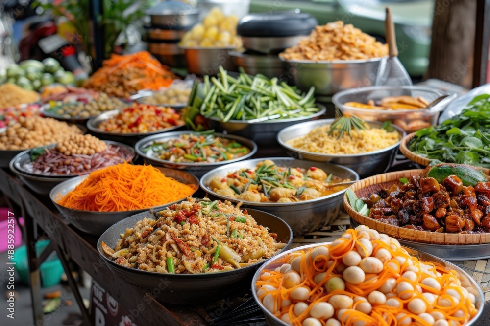 Street food during Songkran, capturing vibrant colors, textures, and ...