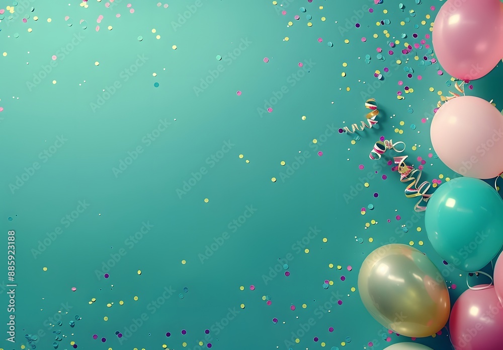 Teal Party Background with Balloons, Confetti, and Streamers Stock ...