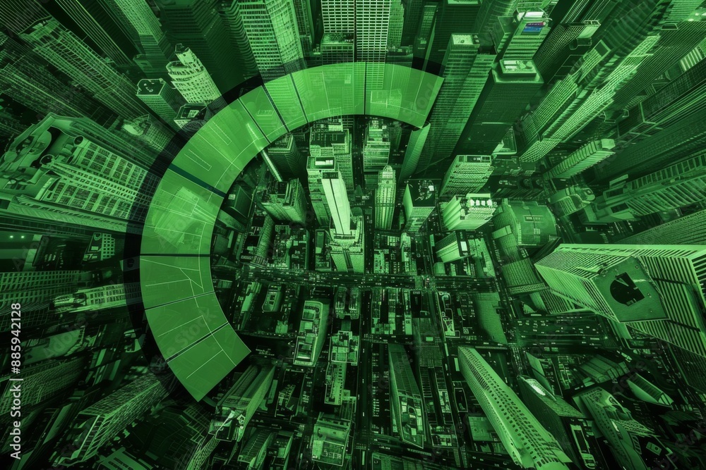 Green Pie Charts Overlaying Urban Landscape Symbolize Social Research ...