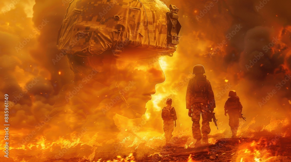 Powerful depiction of soldiers amidst intense fiery battle, showcasing ...