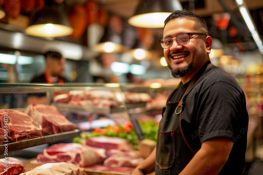 Smiling portrait of butcher wearing hair net behind counter of meat ...
